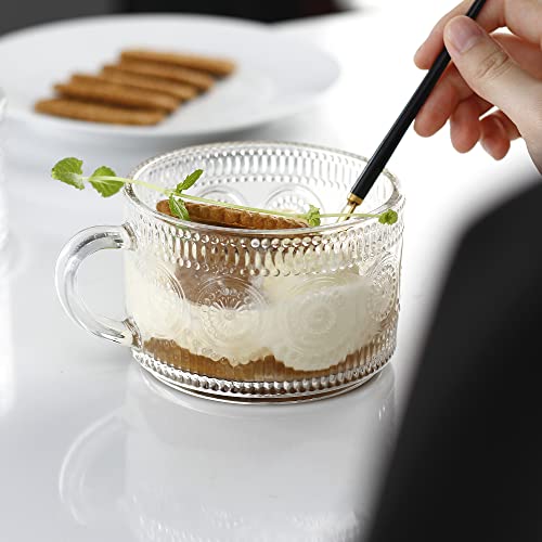 LUXU Vintage Glass Coffee Mugs 14oz Set of 4 Clear Glass Tea Cups,Stackable Glass Coffee Cups,Cute Coffee Bar Accessories,Iced Coffee Glasses,Clear Embossed Glass Cups for Cappuccino,Latte,Beverages
