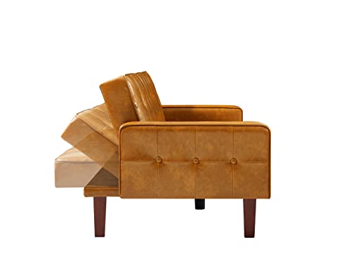 Eafurn 74.41" Faxu Leather Upholstered Futon Bed, Deep Button Tufted Convertible Folding Sleeper Solid Wood Legs, 3 Seater Comfy Soft Sofa & Couches for Living Room Office, Brown PU