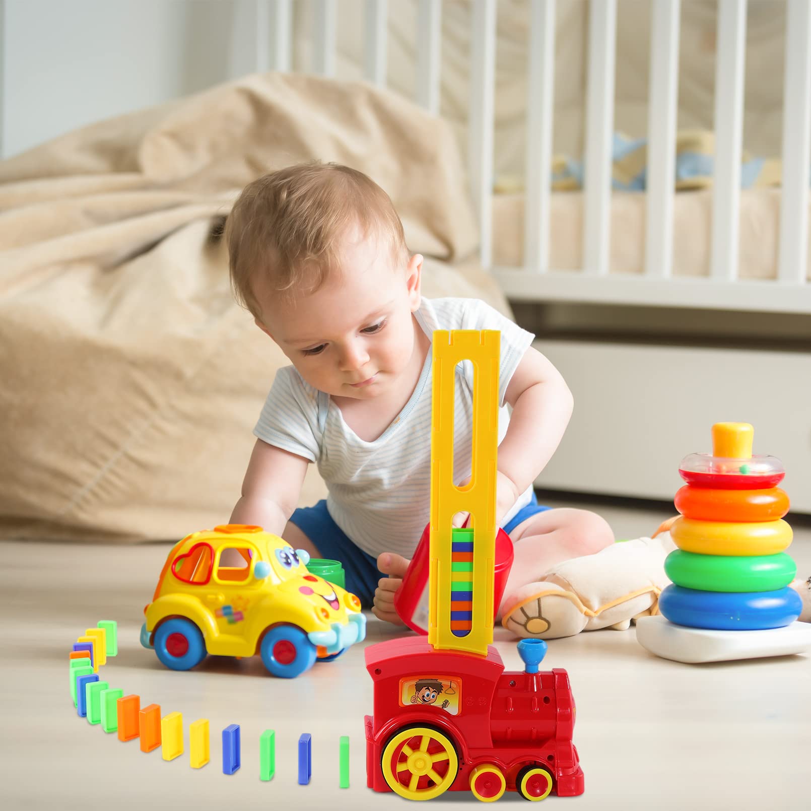 COCPOK Domino Train Set - 160 Pcs,Automatic Domino Train Toy with Lights & Sounds,Kids Domino Blocks Building Stacking Toy,Automatic Domino Laying Train Toy Set