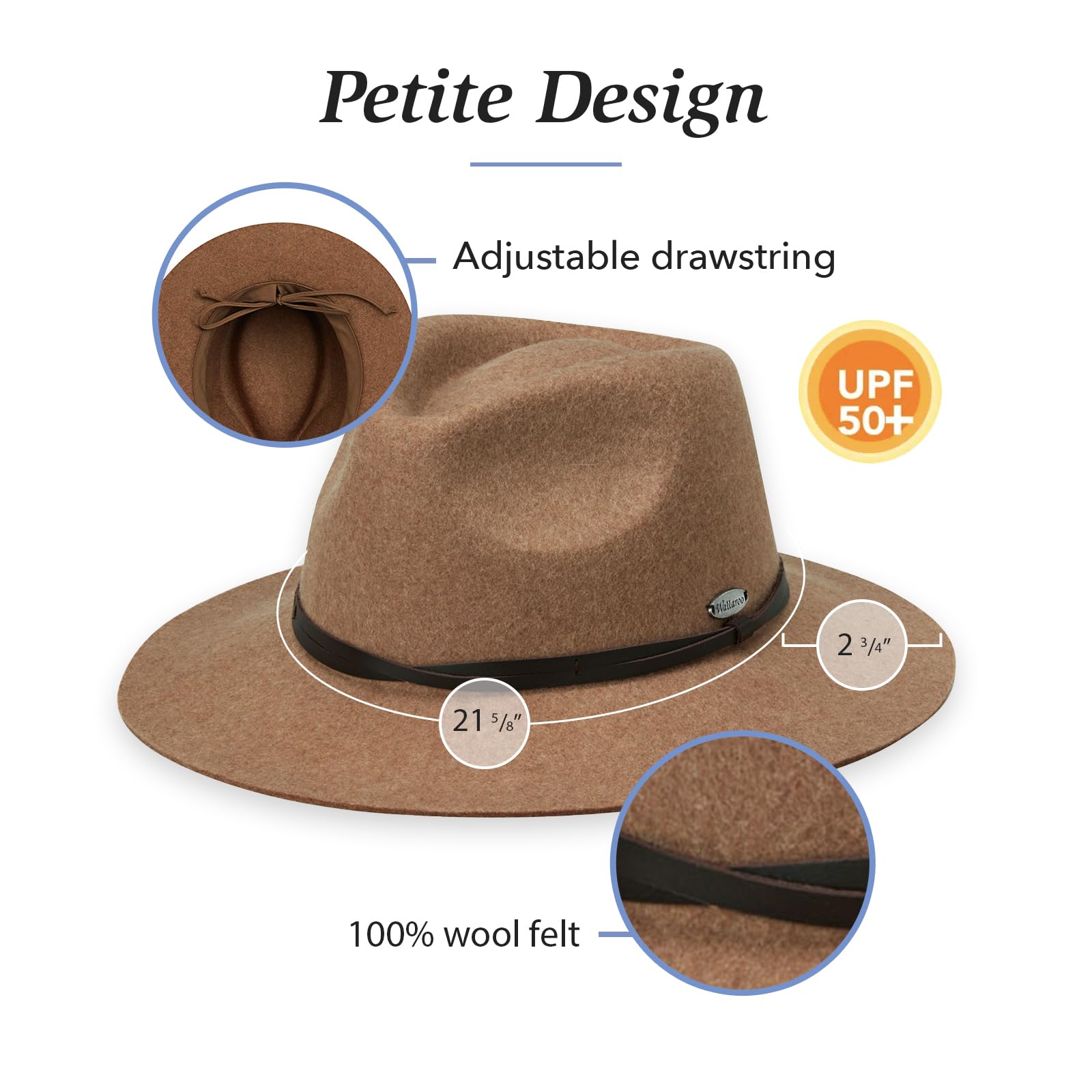 Wallaroo Hat Company Women’s Petite Aspen Fedora – UPF 50+ Sun Protection, 100% Wool Felt, Adjustable, Packable, Black, Small