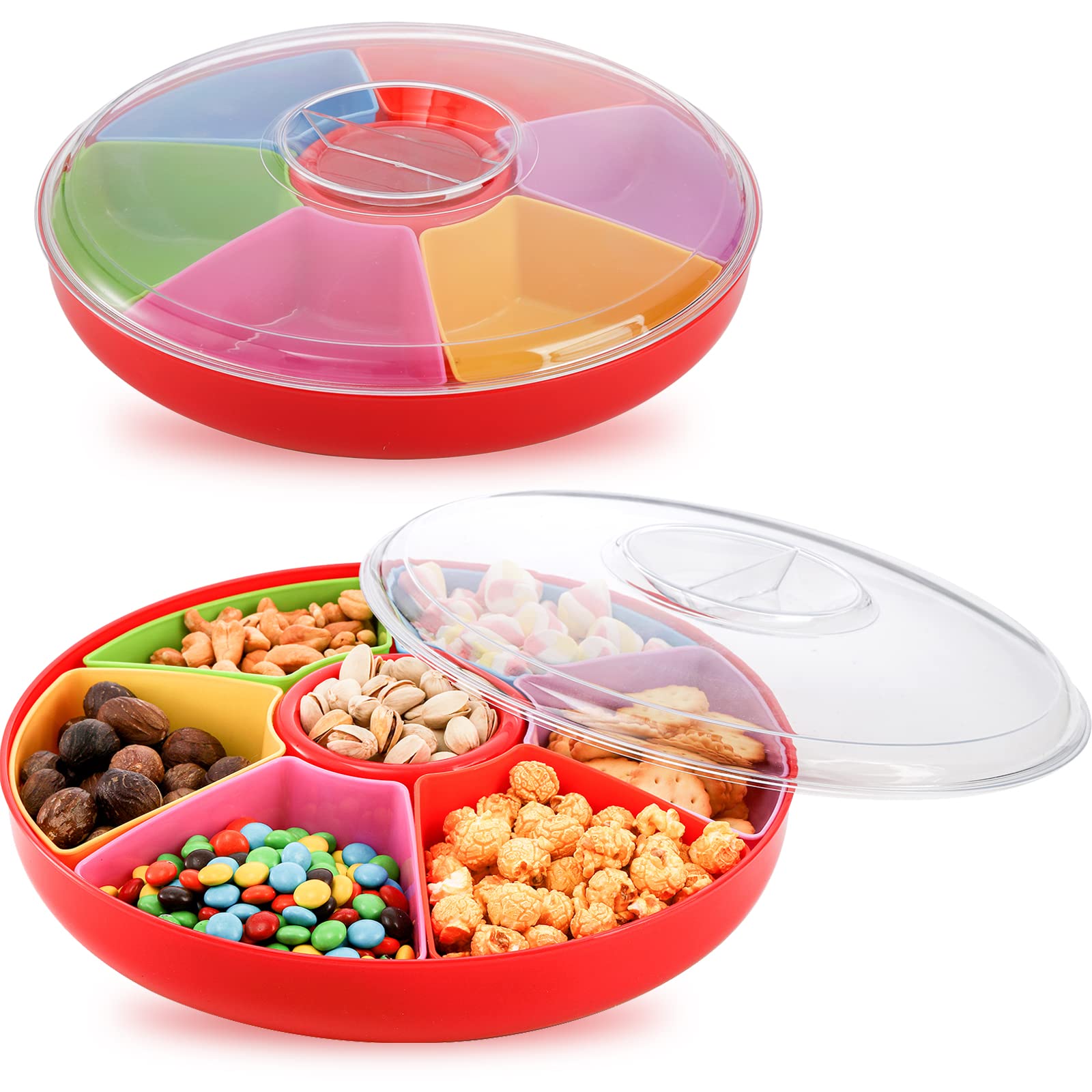 Dicunoy 2 Pack Divided Serving Trays with Lids, 13'' Veggie Tray Container Bowls, Relish Sectional Plastic Snack Tray with 7 Moveable Compartment for Candy, Appetizer, Fruit, Nuts, Parties