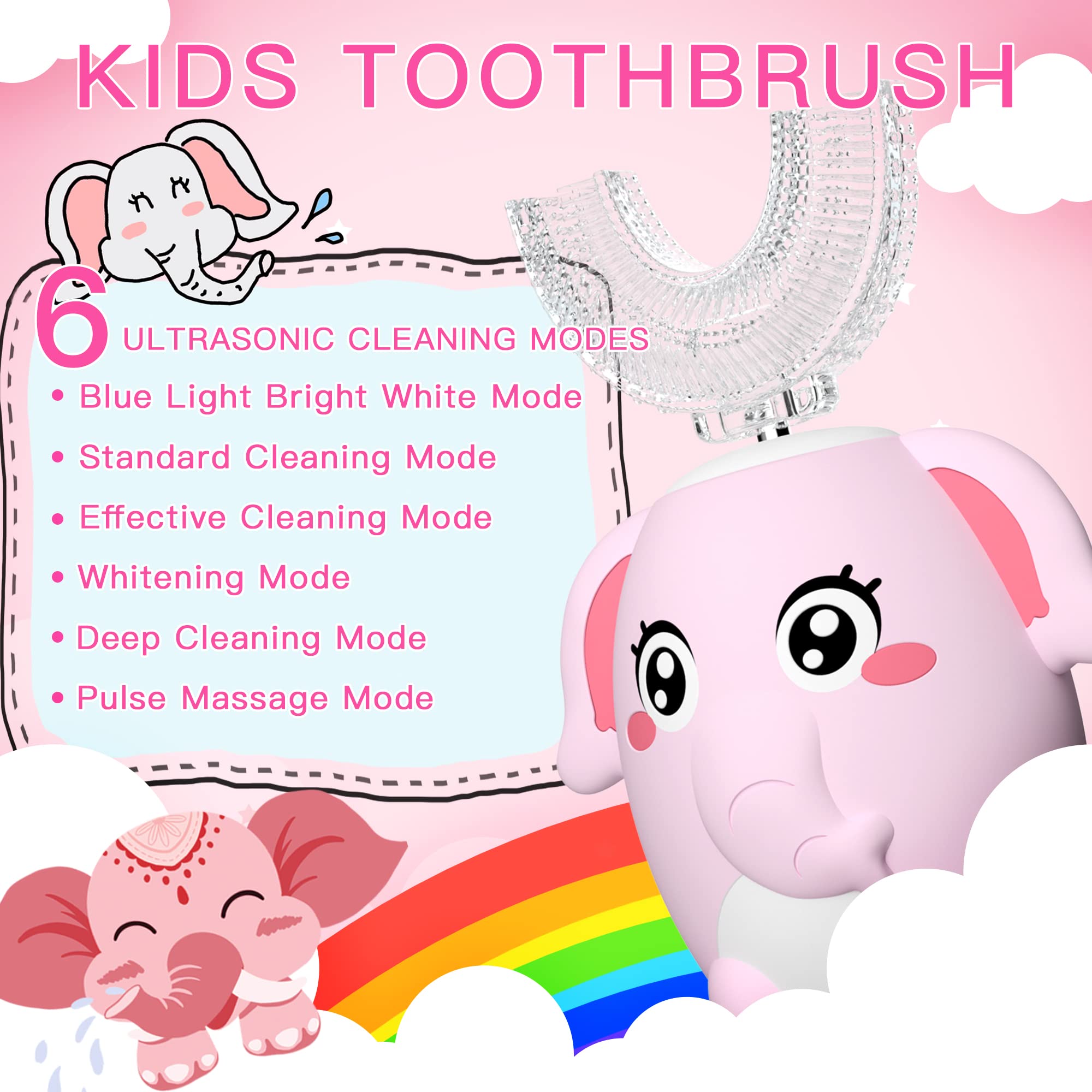 ELOTAME Kid Electric U Shaped Toothbrush with 4 Soft Brush Heads Rechargeable Children Toothbrush with 6 Cleaning Modes IPX7 Waterproof - (Age 2-7 Pink)