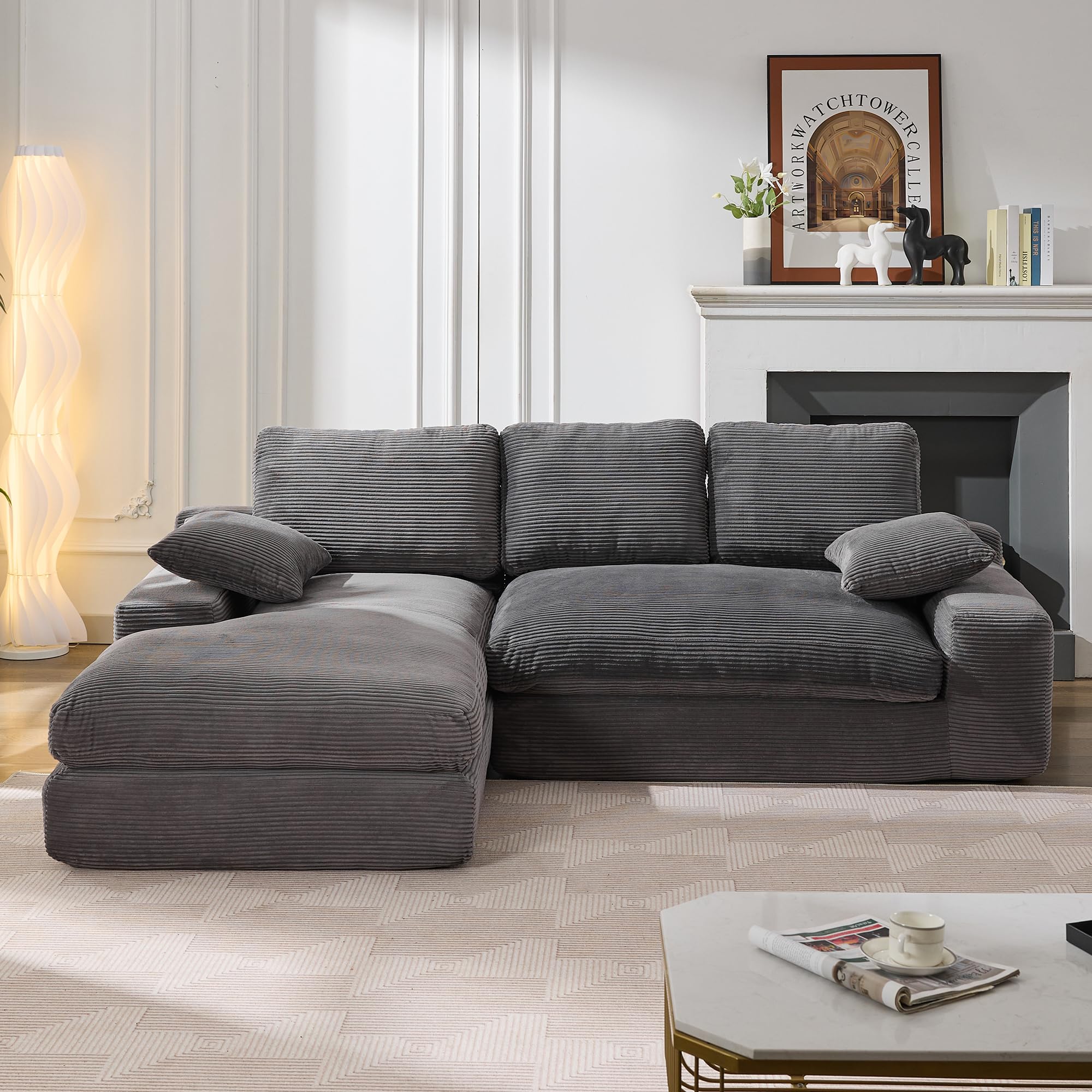 GNIXUU Corduroy Cloud sectional couches for Living Room, 98.4" Fluffy Large L Shaped Sofa with Deep Seat & Comfy Chaise, Upholstered Modular 3 Seat Couch Sleeper for Apartment, Studio, Office, Gray