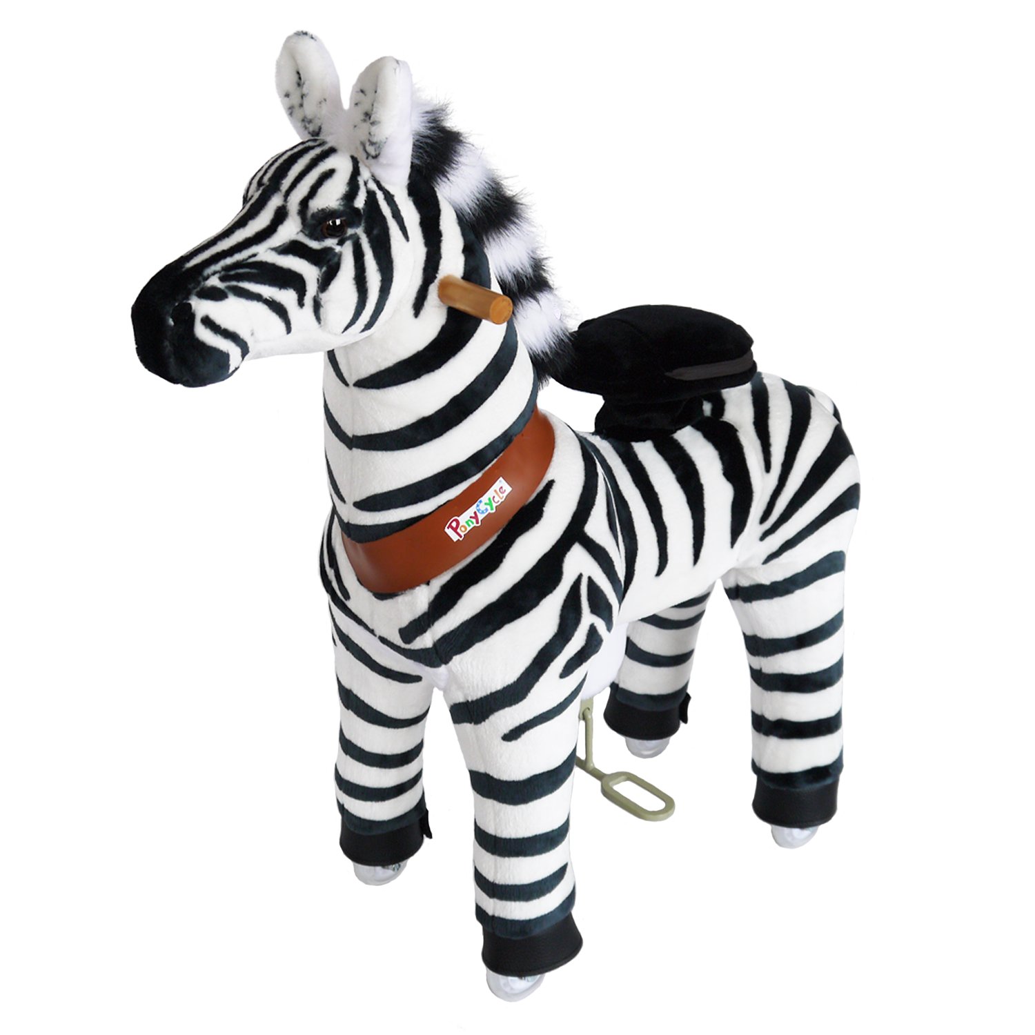 PonyCycle Ride-On Zebra with Brake & Pedal Pad Mechanical Horse Toy Classic Model U Giddy up Pony Plush Walking Animal Size 3 for Age 3-5 Years - Ux368 with White Pedal Pad.