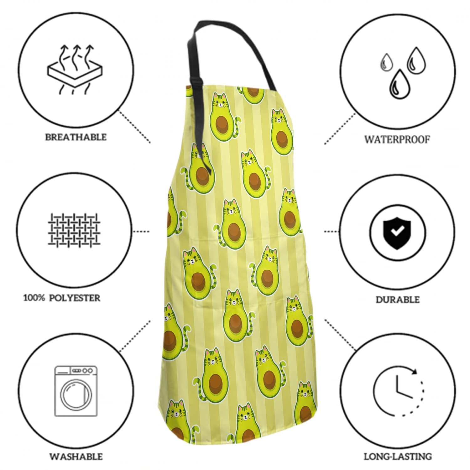 Cute Avocado Cat Aprons Kawaii Animal and Fruit Cooking Kitchen Bib Apron for Women Men with 2 Pockets and Adjustable Neck Strap and Waterproof Stain Resistant Polyester Summer Apron