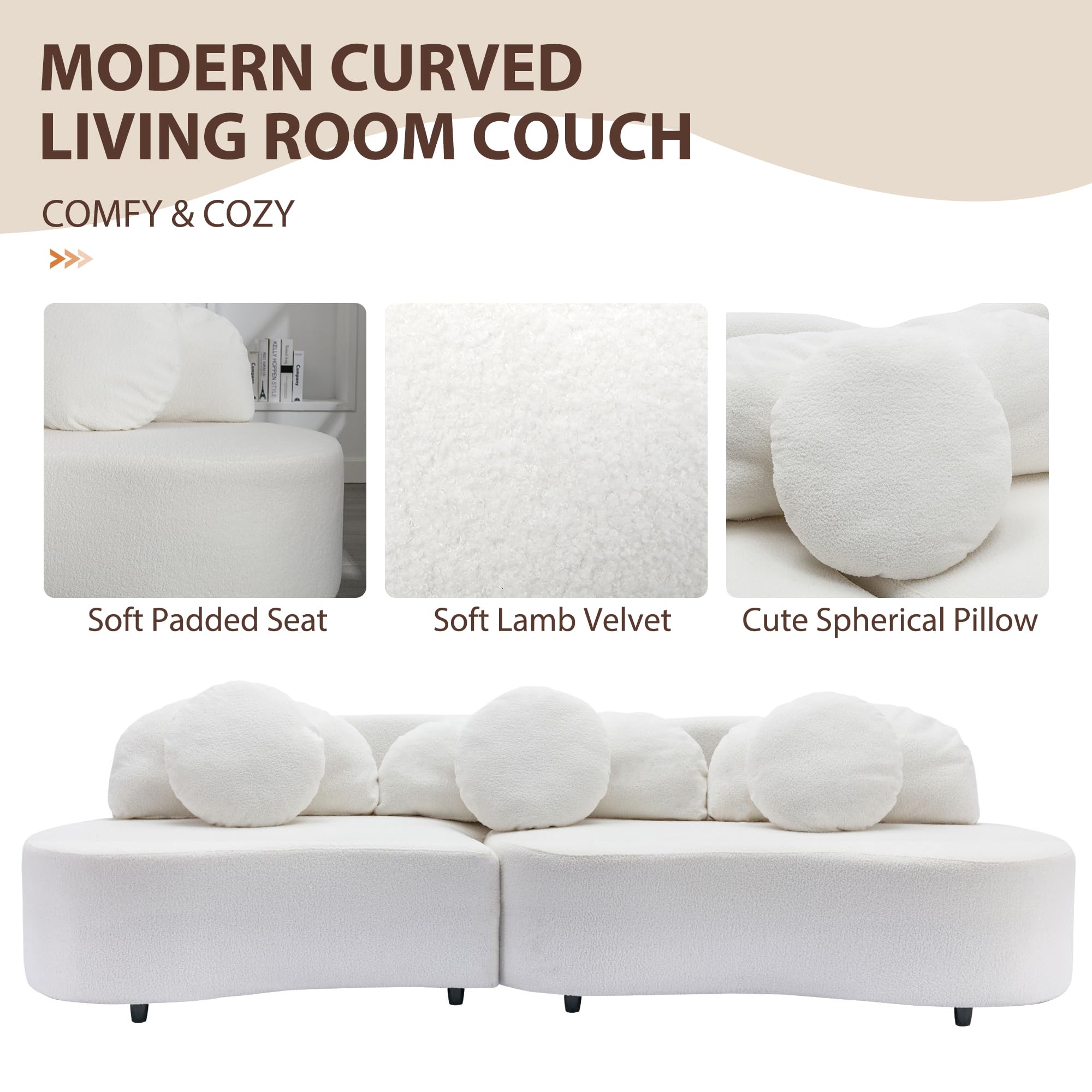 GNIXUU Curved Sectional Sofa Couch for Living Room, Luxury Modern Boucle Sofa Upholstered Cloud Couch for Apartment Bedroom Office(104” Beige)