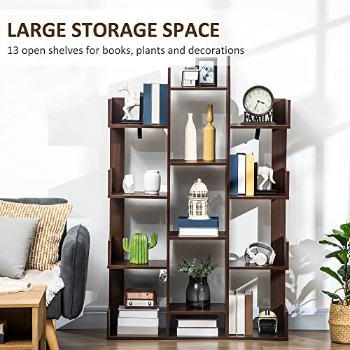 HOMCOM Tree Bookshelf, Modern Freestanding Bookcase with 13 Open Shelves, Display Unit for Living Room, Study or Office, Brown