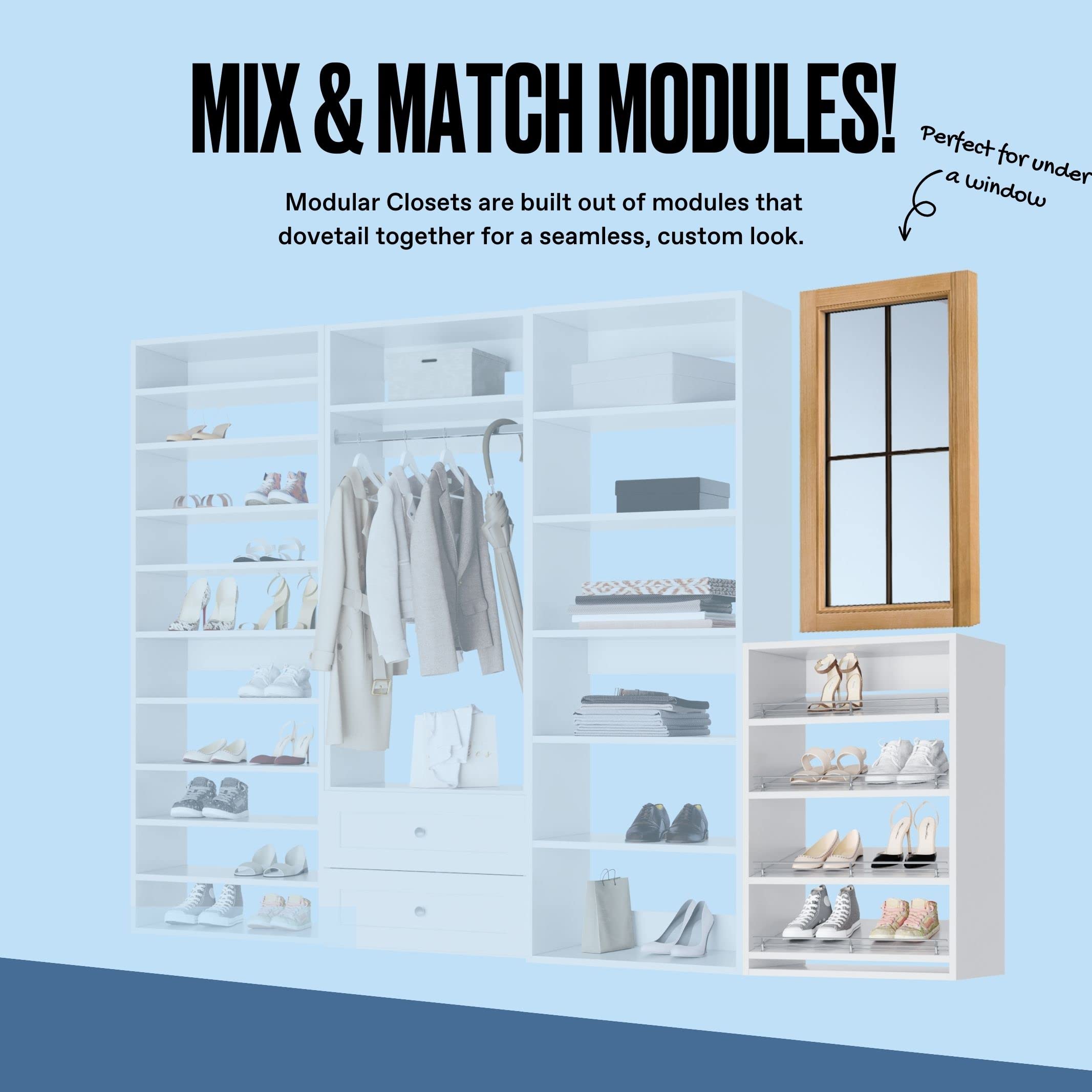 Short Closet Shelves Tower - Modular Closet System with Shoe Shelves (4) - Corner Closet System - Closet Organizers and Storage Shelves (White, 19.5 inches Wide) Closet Shelving