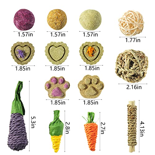 PD Bunny Chew Toys for Teeth, Natural Timothy Grass Small Animal Chew Toys, Mixed Grass and Molar Grass Cake and 2 Balls for Rabbits Chinchilla Hamsters Guinea Pigs Gerbils Groundhog Squirrels(14 pcs)
