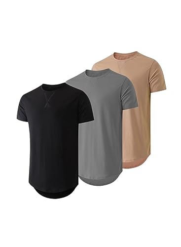 Men's 3 Pack Cotton Hipster Hip Hop Slim Fit Round Hemline Crewneck T-Shirt Black/Dark Grey/Khaki XX-Large