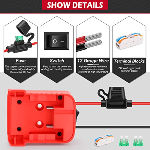 Ecarke 1 Pcs Upgrade for Power Wheels Adapter for Milwaukee M18 Battery 18v DIY Battery Dock Power Connector for RC Toy Car Truck 12 Gauge Robotic(with Wire Terminals & 30A Fuse & Switch)