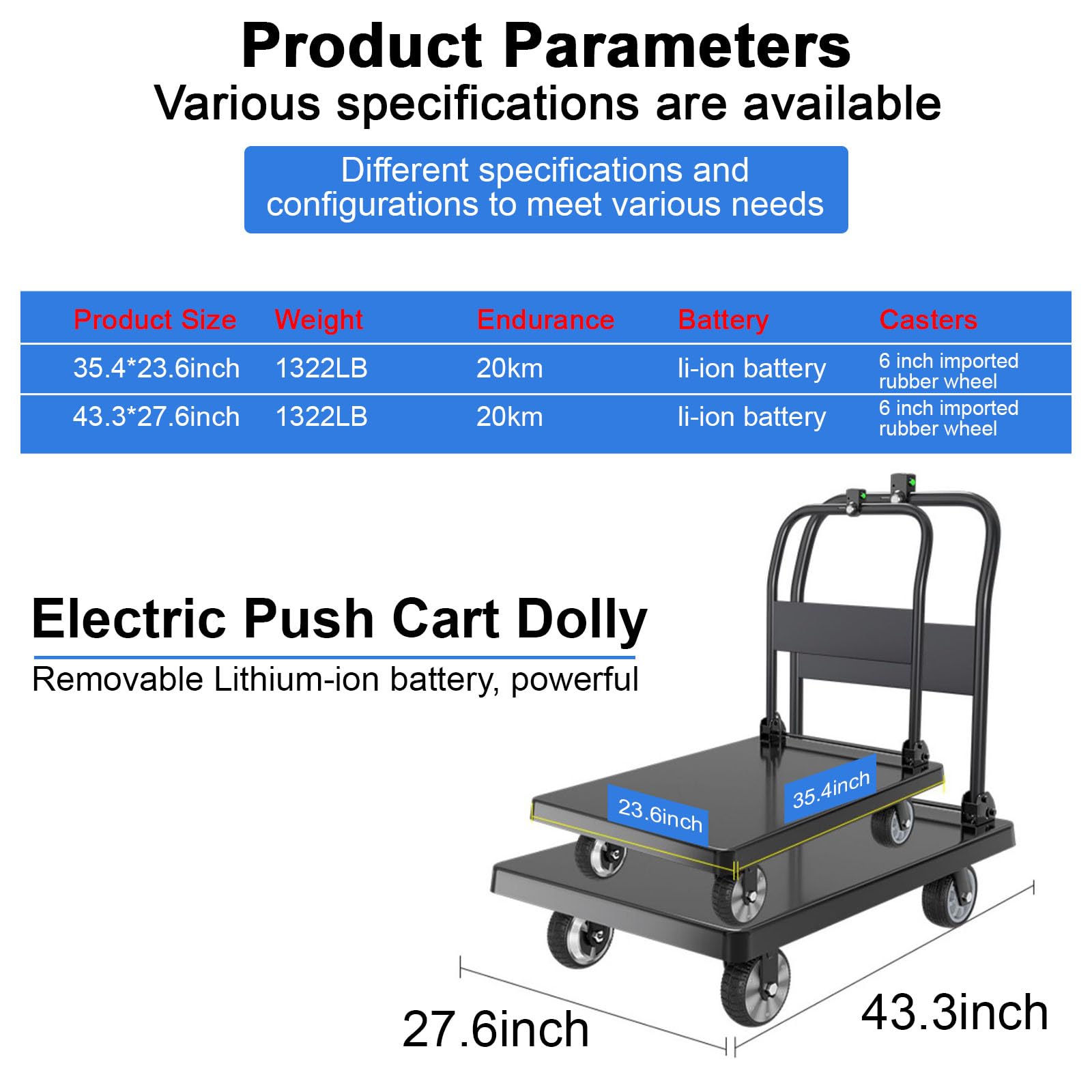 Electric Push Cart Dolly, Moving Platform Hand Truck, 1322 lb Weight Capacity, 20KM Range, Foldable, 360 Degree Swivel Wheels, Black (with Fence, 35.4 * 23.6inch)