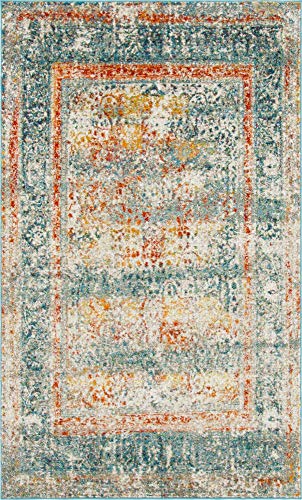 Unique Loom Rosso Collection Vintage, Traditional, Bohemian, Border, Distressed, Southwestern Area Rug, 5' 0" x 8' 0", Blue/Ivory