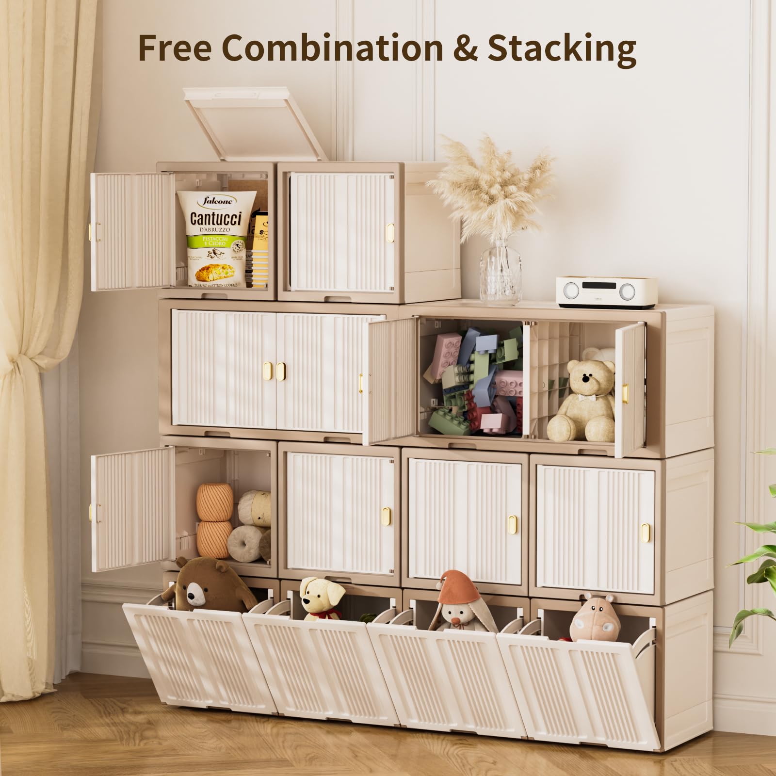 HAIXIN HOME 69QT Storage Bins with Lids, Folding Cube Storage Organizer with Doors, Freestanding Stackable Storage Cabinet Containers for Closet Toys Organizer
