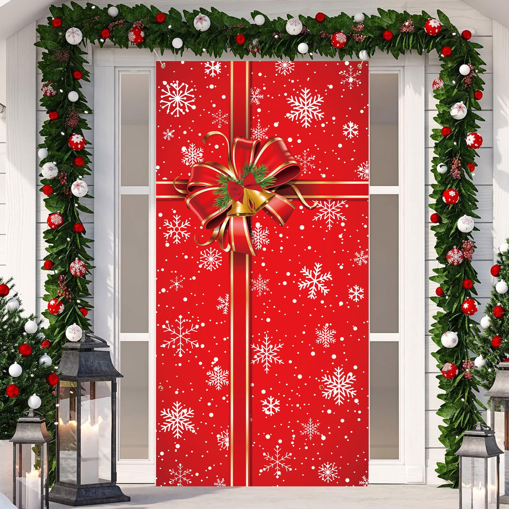 Christmas Door Cover Box Red Door Cover Decor Snowflake Present Box Door Hanging Banner Photography Backdrop Outdoor Sign for Xmas Winter Holiday Front Door Porch Home Party Supplies