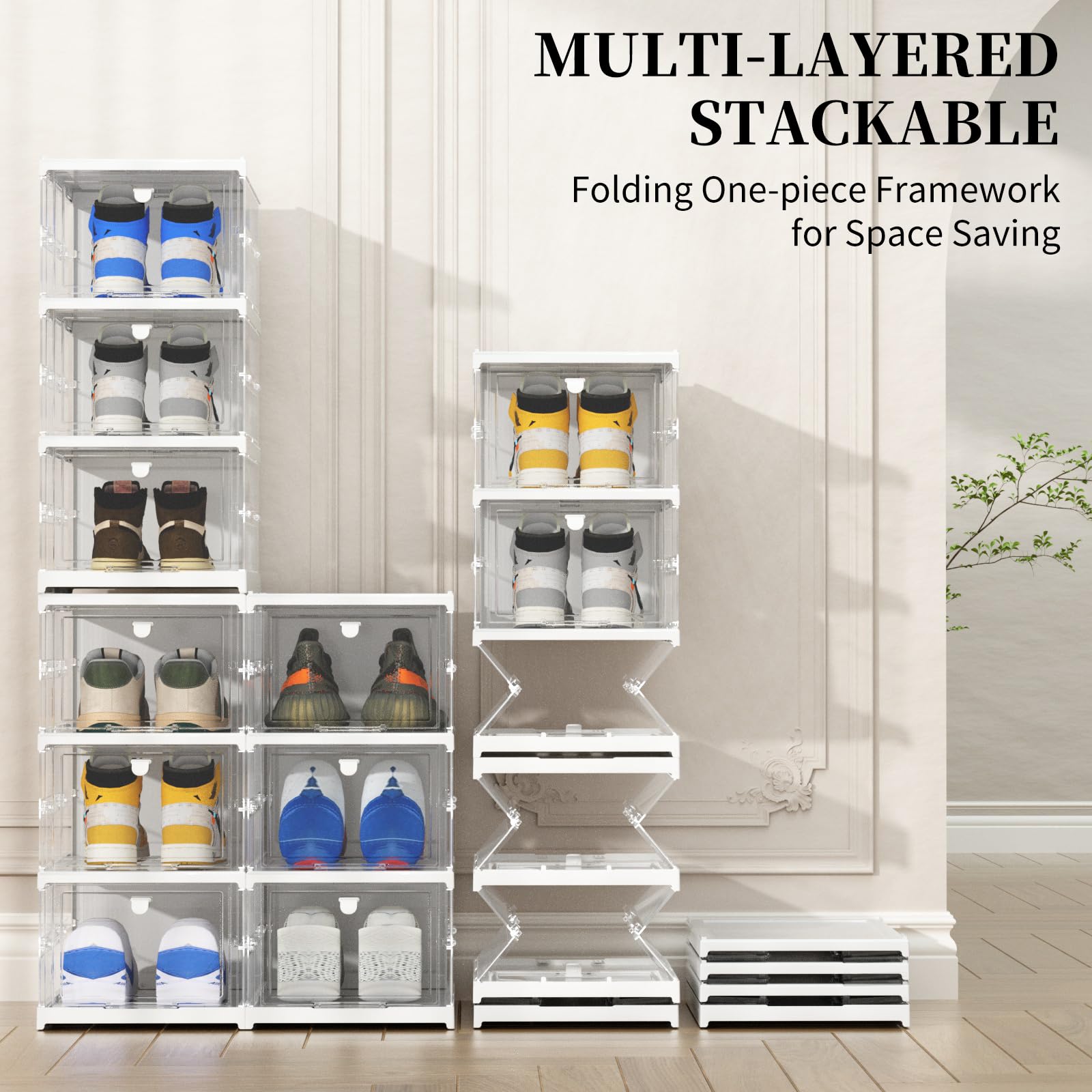 HAIXIN HOME Shoe Organizer Storage Box, XXL Portable Foldable Shoe Rack Organizer for Closet with Clear Door, Large Stackable Sneaker Cabinet Bins Sturdy Easy Assembly 3 Layers-9 Pack
