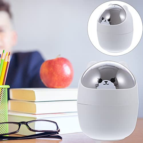 SEWACC Desktop Trash Can Cute Cartoon Table Garbage Storage Can Mini Desktop Wastebasket with Lid Small Office Countertop Garbage Can for Home Office ( Grey )
