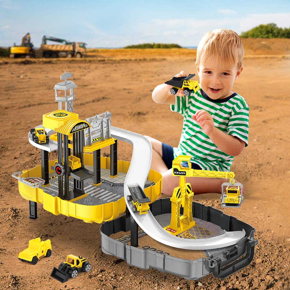 Siairo Construction Race Car Toy for Kids - Construction Race Truck with Crane, Helicopter, Bulldozer, Excavator Toy Backpack for 3 4 5 Year Old Boys & Toddlers