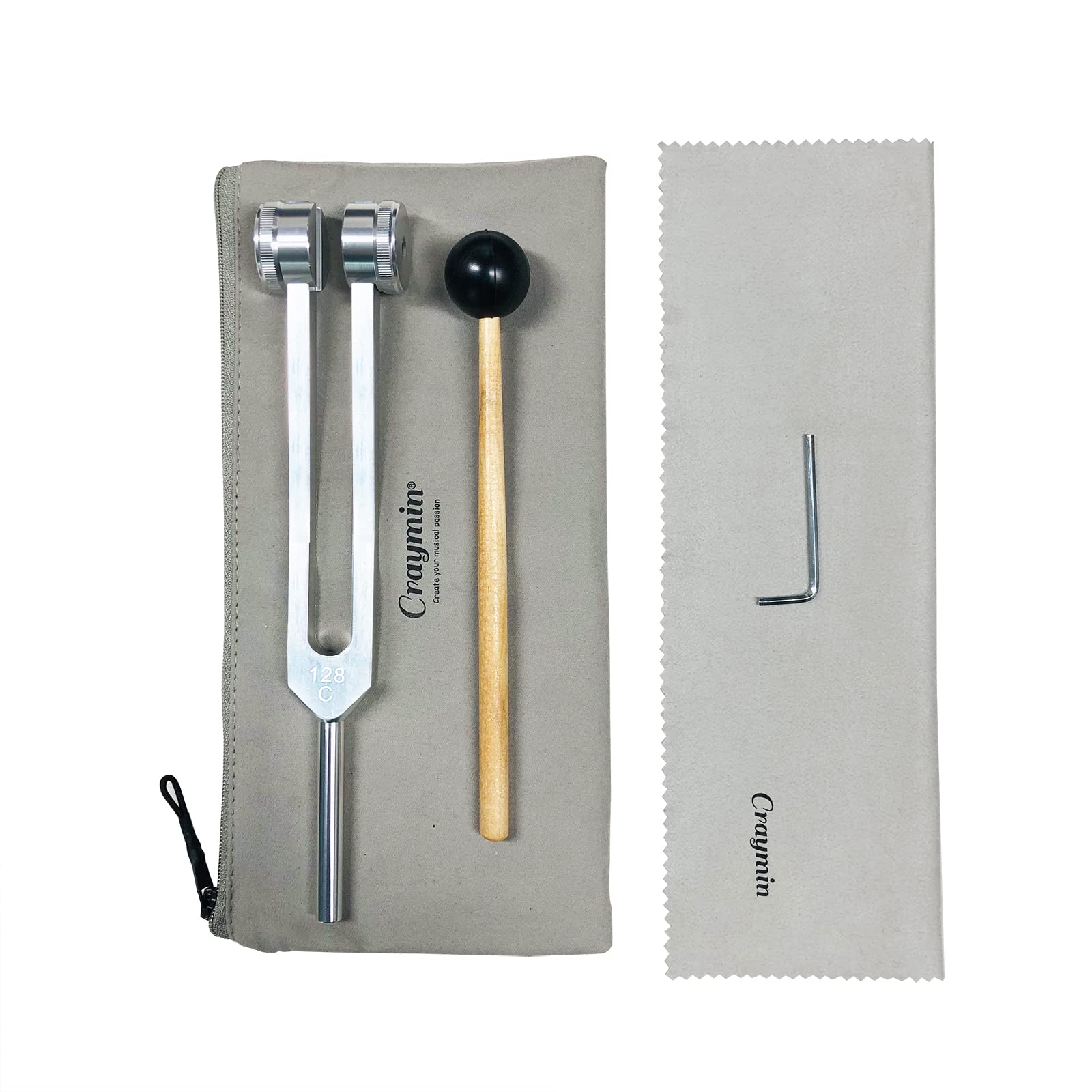 Craymin 128 Hz Tuning Fork with Silicone Hammer, Repair Tool and Cleaning Cloth Packed in Soft Zipper Velvet Bag (Siver)