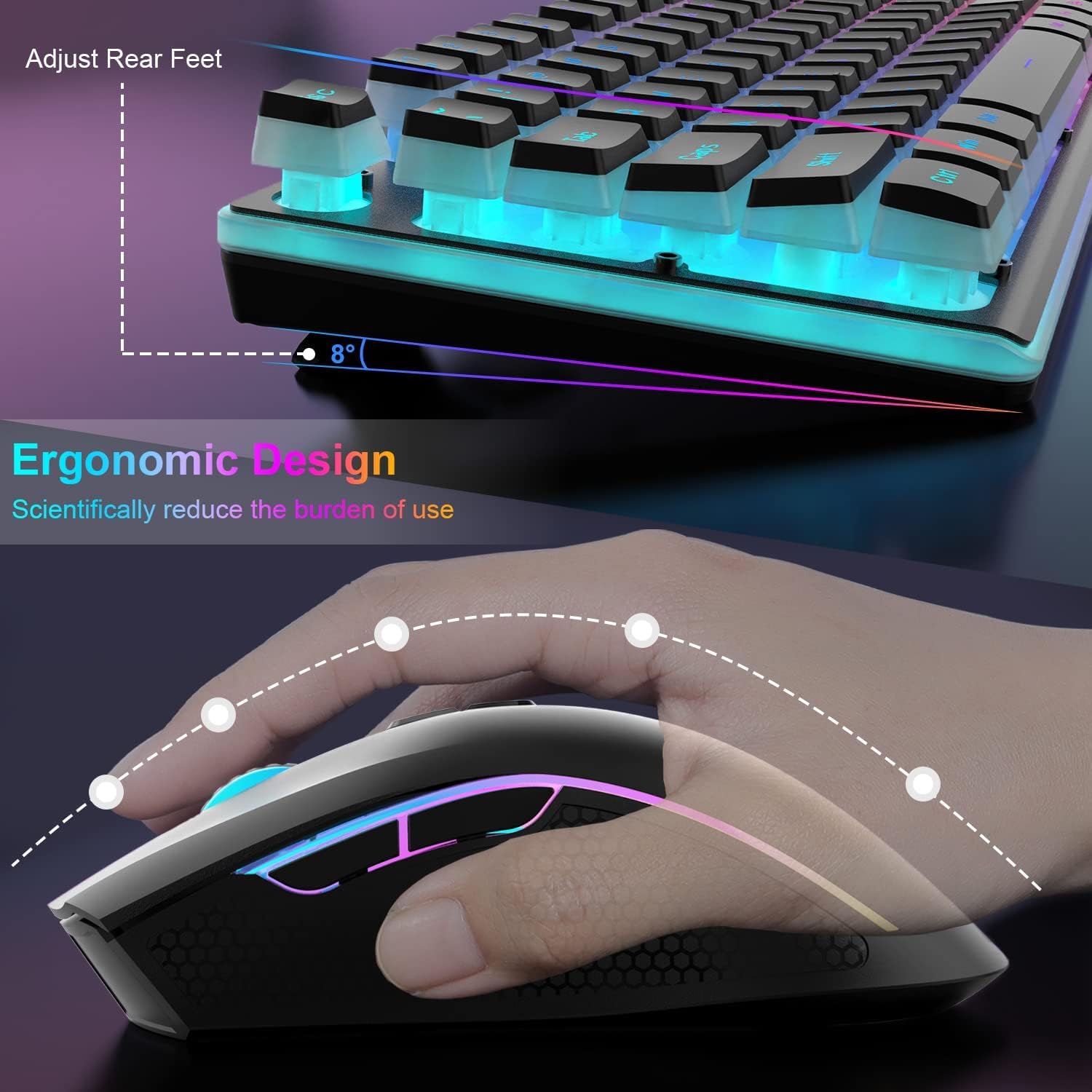 FELICON L96 Wireless Keyboard Mouse Combo, 3650mAh Rechargeable RGB Full Size Keyboard with Pudding Keycaps, Ergonomic Mechanical Feel 4800 DPi Rainbow Led Mute Mouse 2.4G USB for PC/Mac(Black)