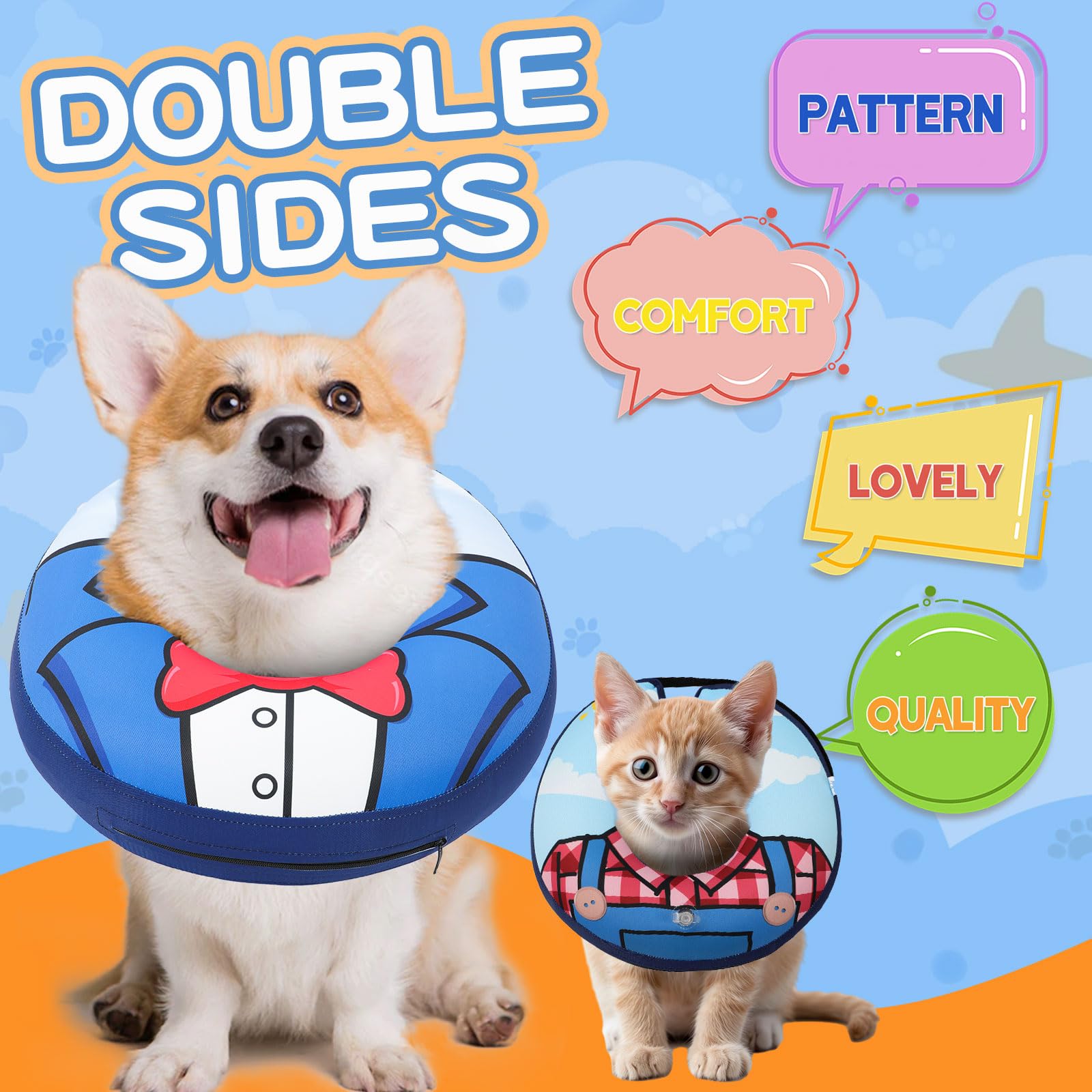 Dog Cone Collar, Adjustable Soft Dog Cone,Comfy Inflatable Dog Collars for After Surgery,Alternative to Cone of Shame,Dual-Sided Pattern Donut Collar for Small Medium Large Dogs,Not Block Vision(L)