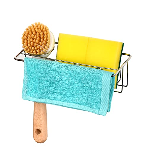 HappyHapi Stainless Steel Sponge Holder for Kitchen Sink,No Drilling 3 in 1 Kitchen Sink Caddy Organizer Brush Holder Dish Cloth Hanger,Rust Proof Waterproof Sink Organizers Rack Basket(Sliver)