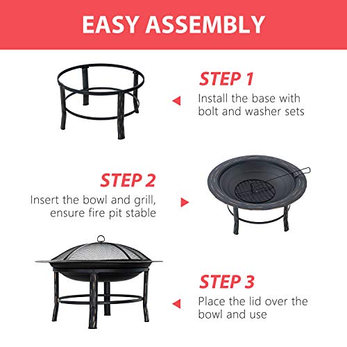Fire Pit 28 Inch Outdoor Wood Burning BBQ Grill Firepit Bowl for Camping Picnic Bonfire Patio Backyard Garden Beaches Park with Carry Bag,Mesh Spark Screen Cover,Log Grate,Black
