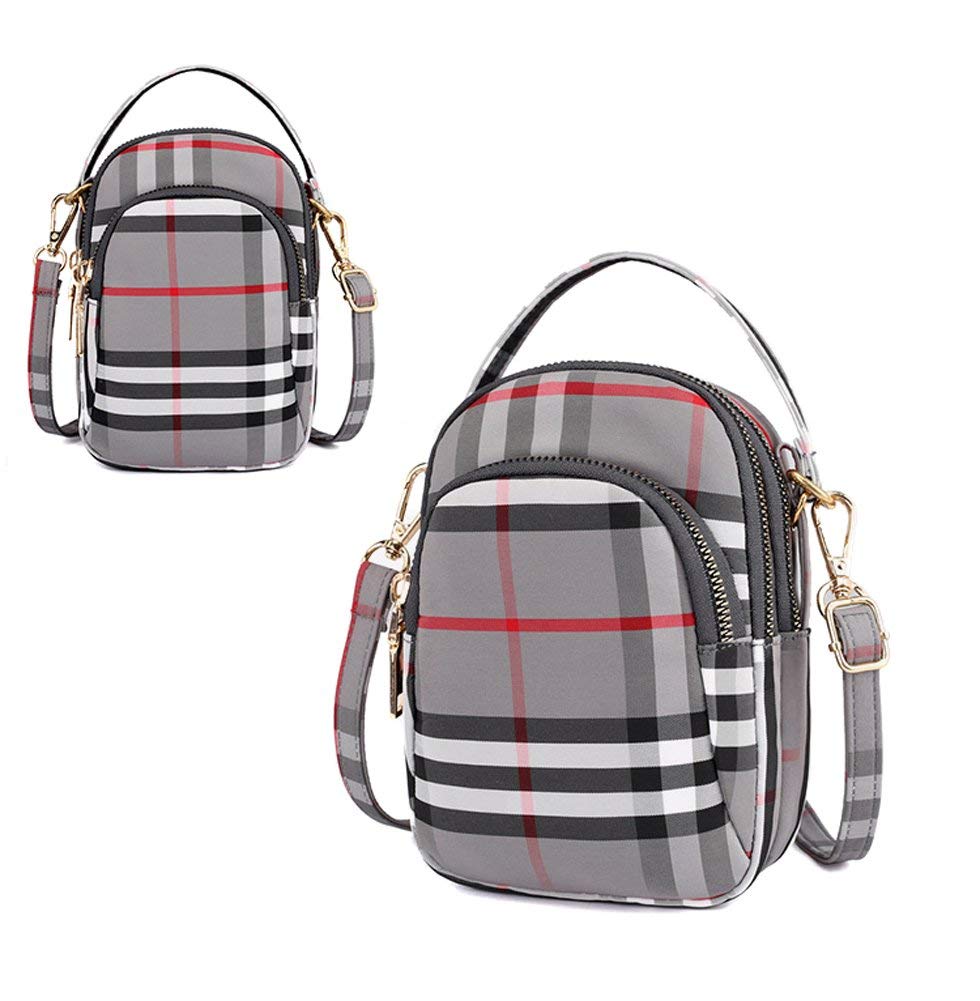Multi Zipper Pocket Plaid Small Crossbody Bag Handbags Cell Phone Purse Wallet for Women (Gray)