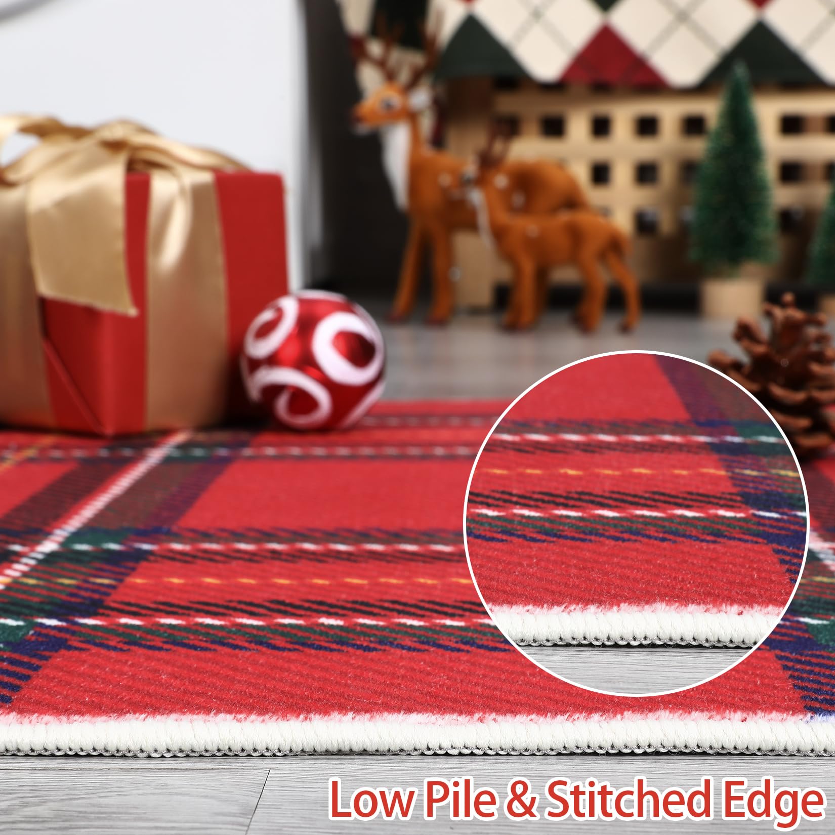 GarveeHome Christmas Runner Rug 2x6 Washable Plaid Area Rug Xmas Decor Pinecone Non Slip Kitchen Rugs Bath Mat Low Pile Entryway Rug Soft Stain Resistant Carpet for Laundry Entance Border|Red 2'x6'