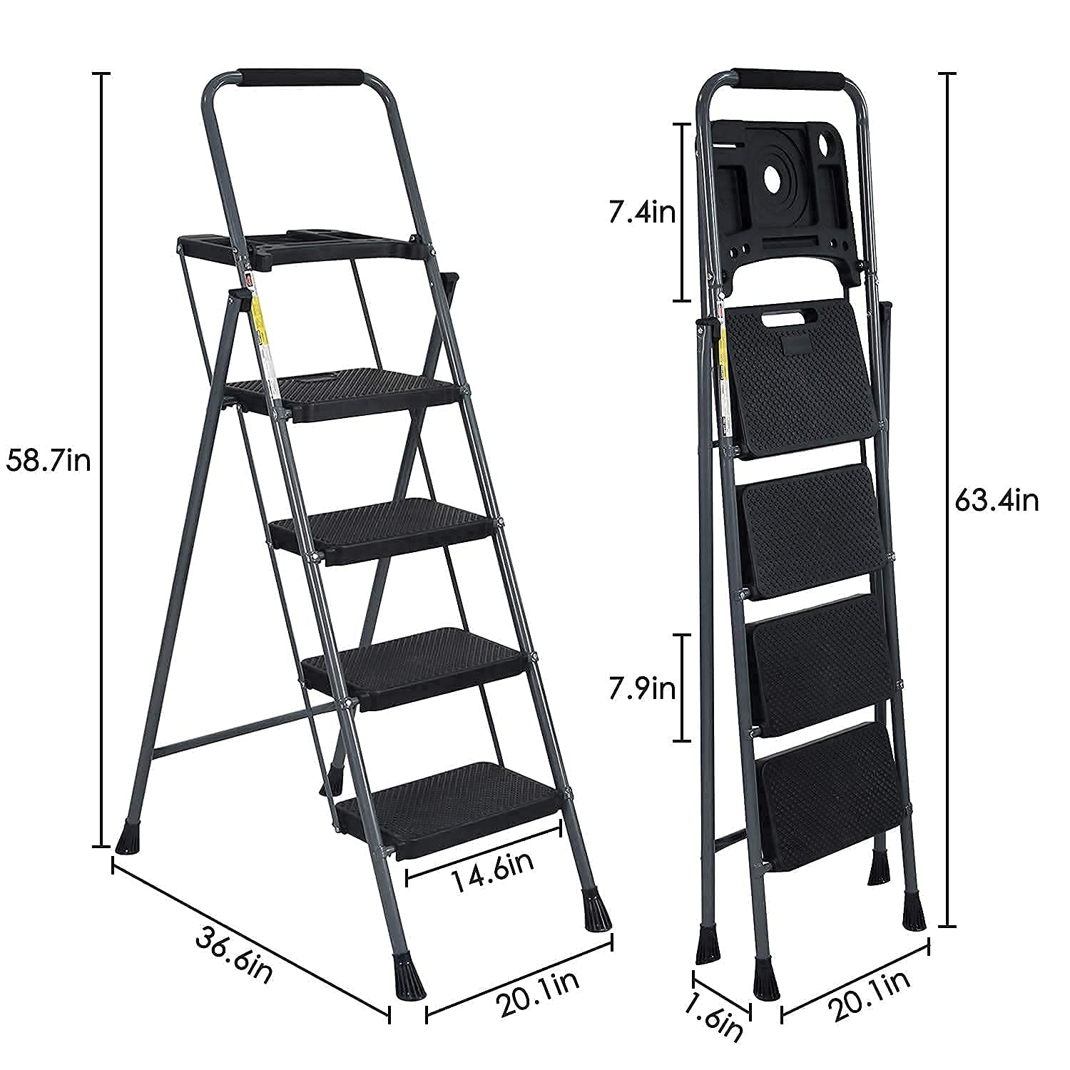 CharaVector 4 Step Ladder,Lightweight Folding Step Ladder,Folding Step Stool with Built-in Tool Platform and Anti-Slip Feet,Step Ladder with Handrails Gray