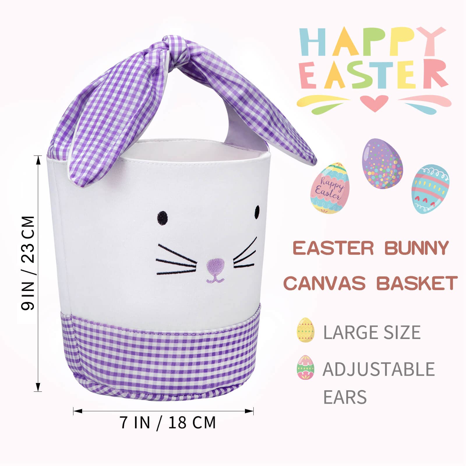 MY LIFFRI Easter Basket set for Kids, Large Canvas Bunny Bag with Carrot Card & Letters Stickers for Egg Hunt with Adjustable Rabbit Ear Handle for Baby Boy Girl Toddler, Purple