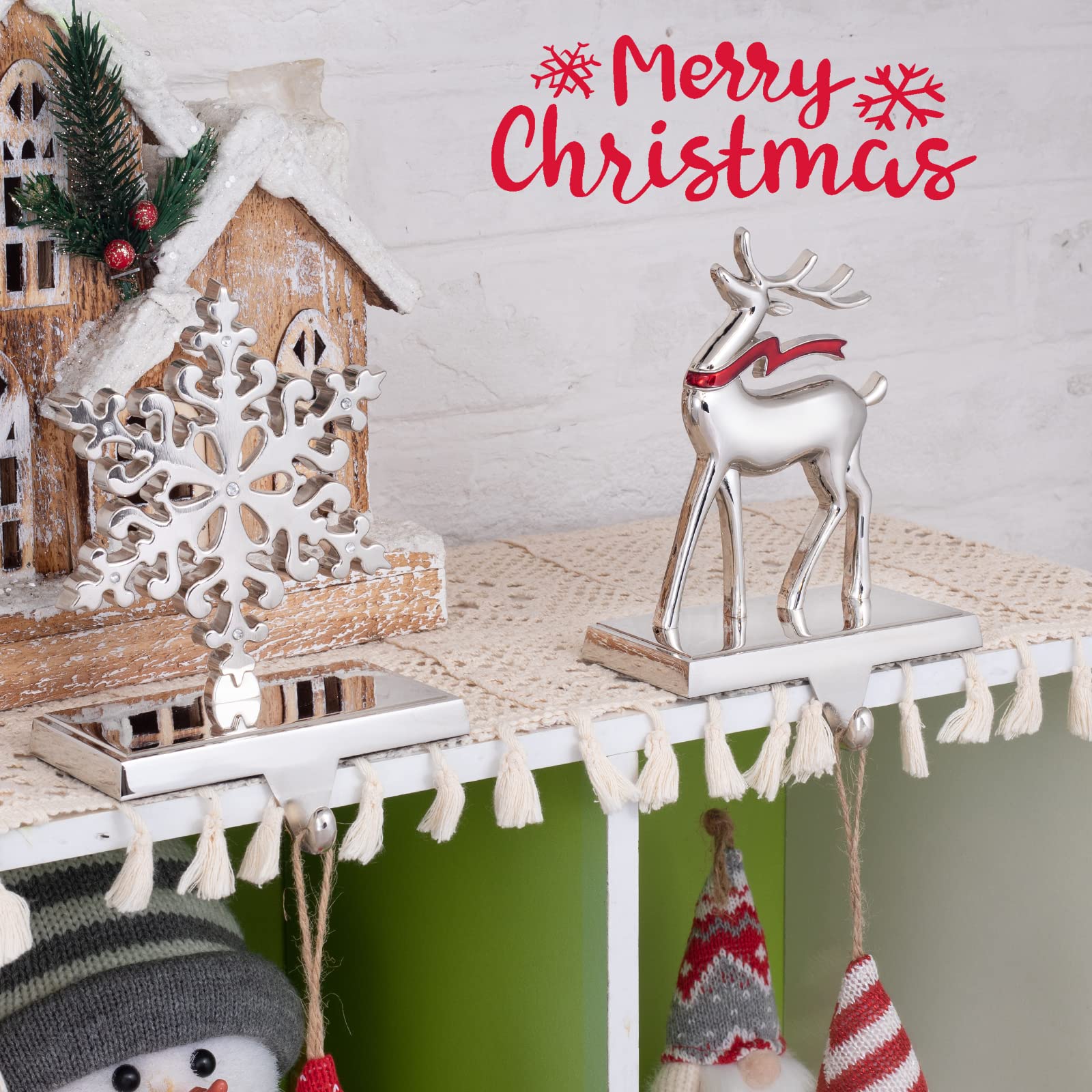 Ceramic Christmas Tree Stocking Holders for Mantle, Set of 2 Christmas Tree Stocking Hangers with LED Light for Fireplace, Green White Christmas Tree Stocking Hangers for Window Christmas Decoration