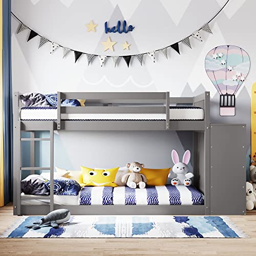 Harper & Bright Designs Twin Over Twin Bunk Bed with Storage, Wood Floor Bunk Beds with 4 Drawers & 3 Shelves, Low Bunk Bed, Twin Loft Bed for Kids, Girls Boys, Teens, Adults (Gray)