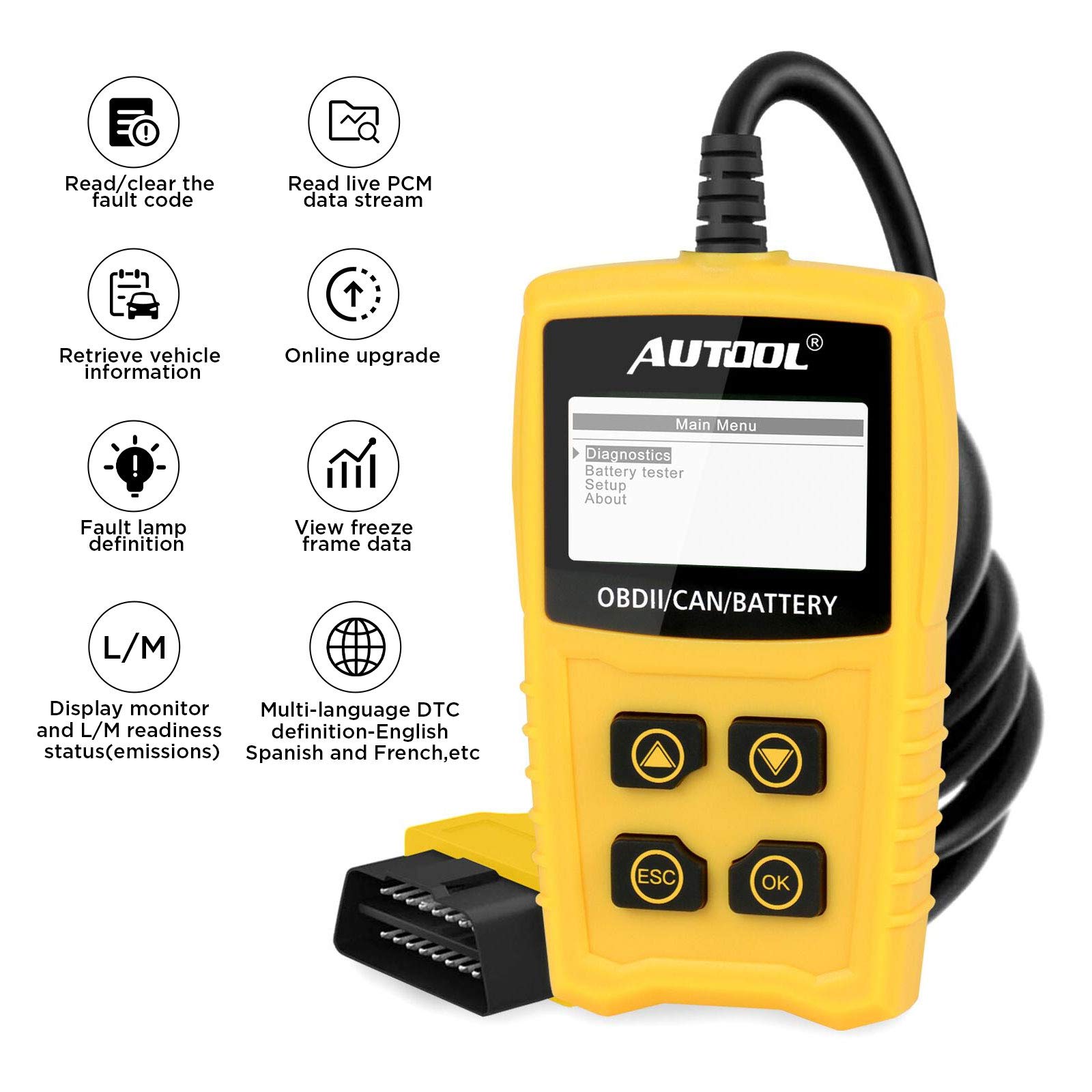 Car OBD2 Scanner Engine Clear Fault Code Reader OBDII Scanner ,Check State Emission Monitor Status Multi-Language Diagnostic Scan Tool for All 12V Vehicle