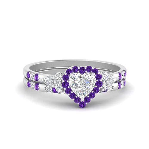 CustomizedGifts Halo Edwardian Wedding Ring And Band sterling silver Natural Amethyst Heart shape purple color Wedding Ring Sets prong Setting in Size 6 Handcraft Chakra Healing