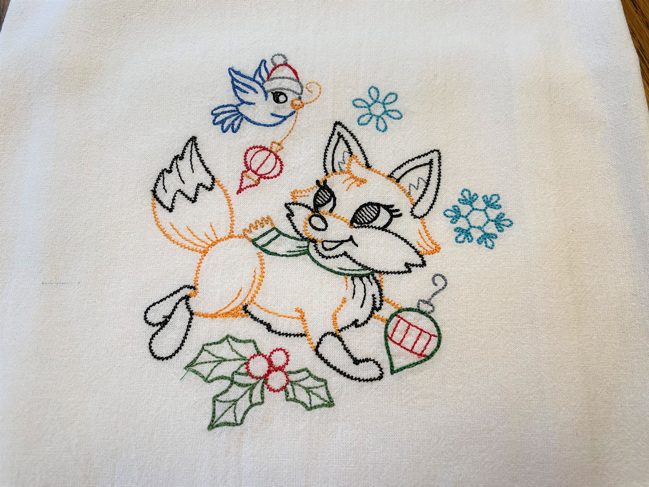Christmas embroidered tea towel, flour sack towel, vintage pattern, 1 in set of 7 designs, Christmas animals,