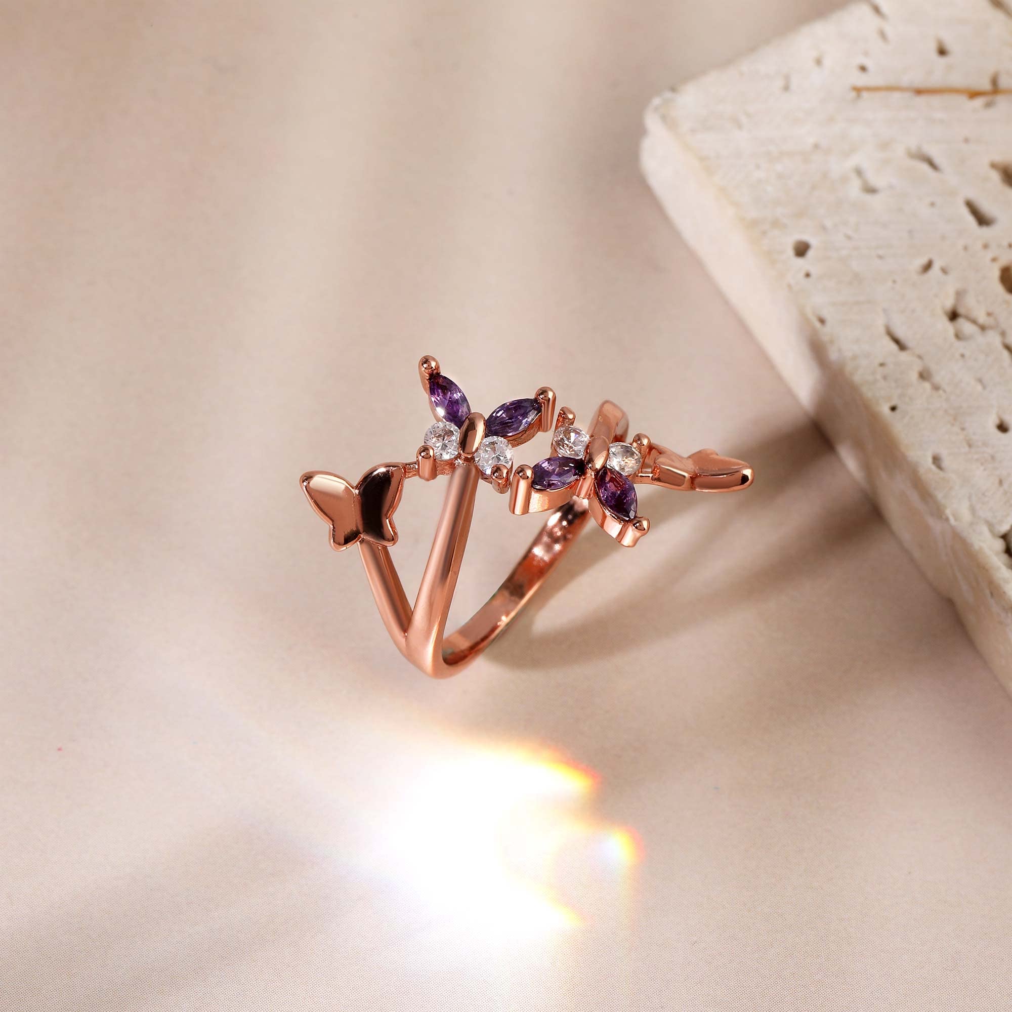DOZZIOR 18K Rose Gold Plated Adjustable Rings Butterfly Ring for Women Girls Stacking Statement Open Rings (Butterfly Rings A)