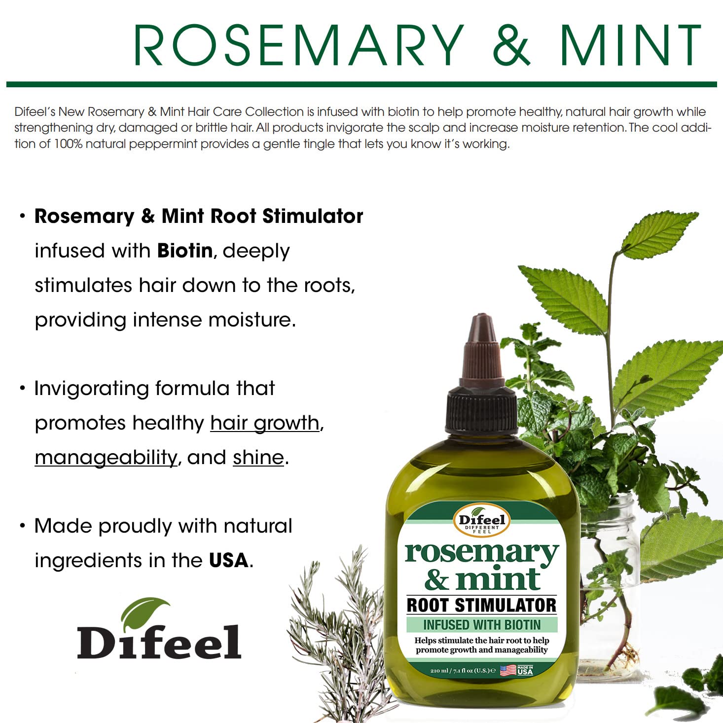 Difeel Rosemary & Mint Biotin Haircare Collection - Shampoo+ Conditioner + Hair Mask (12oz Each), 2.5oz Root Stimulator & 7.1oz Oil