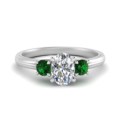 CustomizedGifts Classic Three Stone Ring sterling silver Created Emerald Oval shape Green color 3 Stone Engagement Rings prong Setting in Size 9 Special Gift for Women, Girls and Ladies