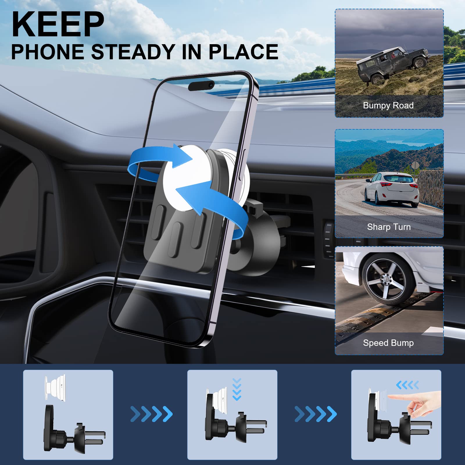 Car Phone Holder for Collapsible Grip/Socket Mount,3 in 1 Air Vent Car Mount,Dashboard Sticker Holder,Suction Cup Phone Holder,Socket Grip for Fits All Smartphone,Used On Car, Home,Office