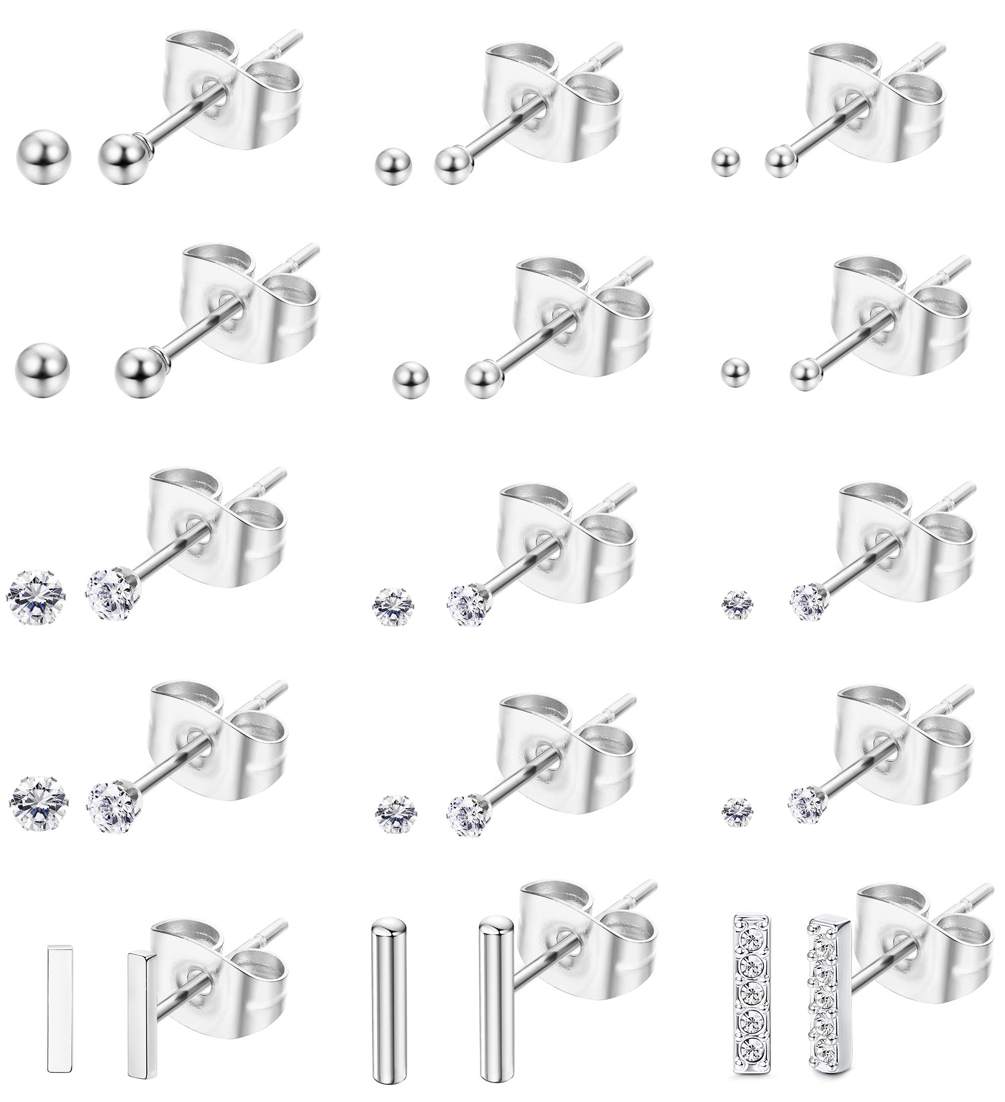 CASSIECA 15 Pairs Stainless Steel Tiny Bar Stud Earrings Small CZ Ball Cartilage Piercing Mini Stick Line Barbell Stud Earring Set for Women Men 2MM-4MM