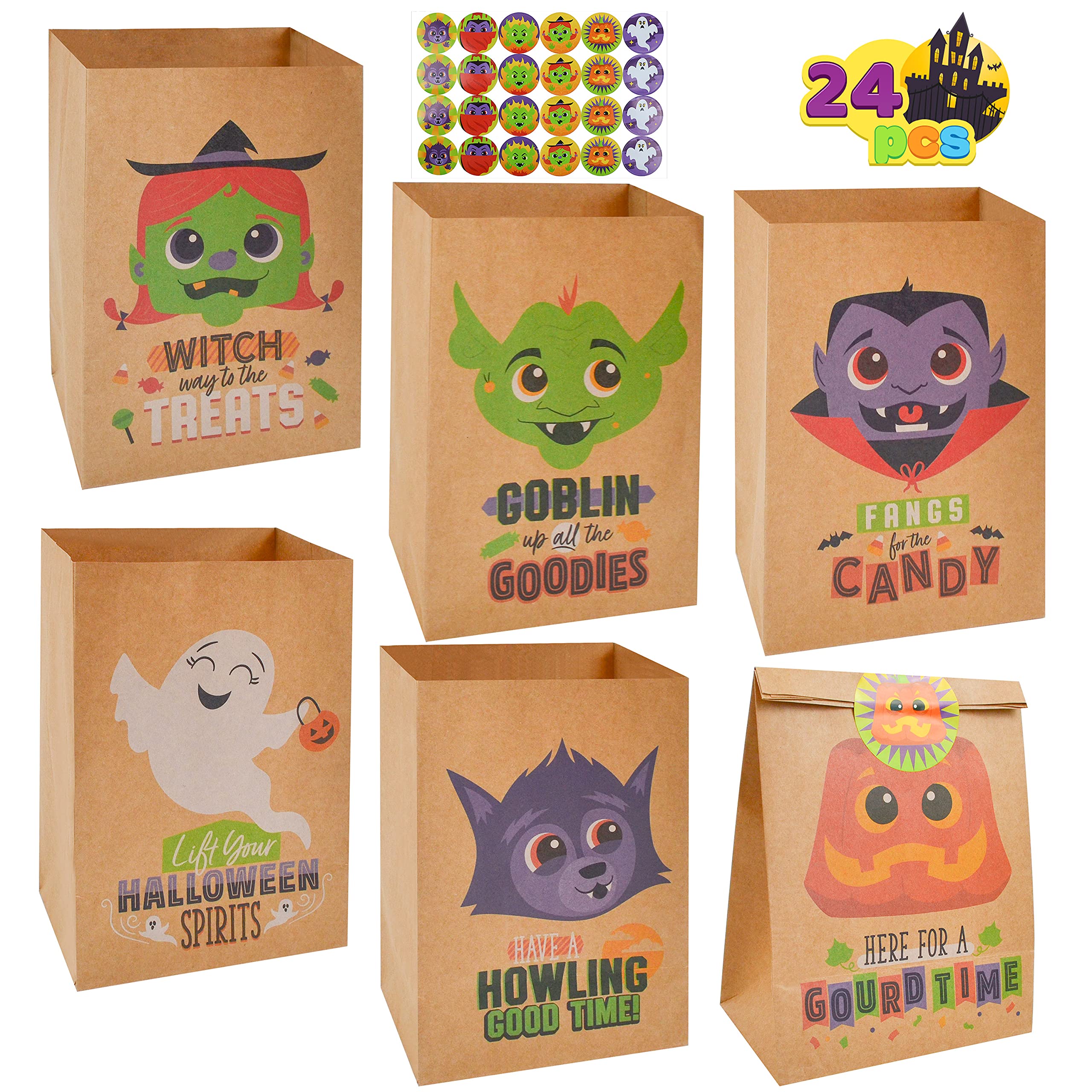 JOYIN 24 PCS Halloween Kraft Paper Treat Bags with Character Designs, Halloween Candy Bag with Kraft Paper Bag & Sticker, Halloween Candy Gift Bags for Party Favor Party Supplies