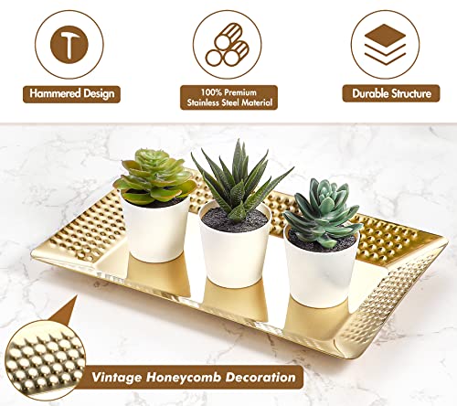 Koluti 12 Inch Gold Rectangle Decorative Tray, Brass Tone Hammered Nightstand Accessory Dresser Serving Plate, Counter Perfume Jewelry Makeup Organizer Storage, Stainless Steel