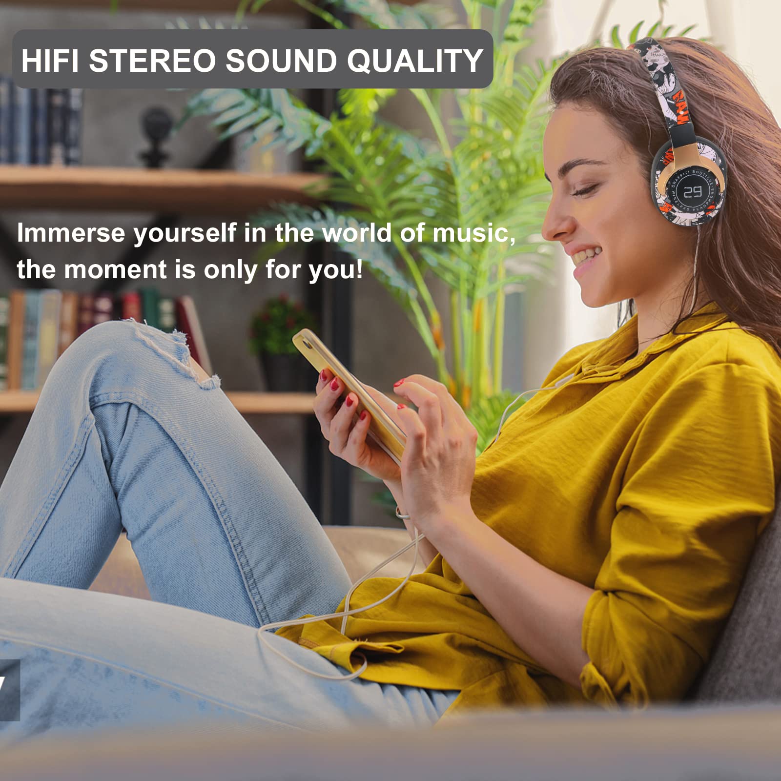CBSOHDE Bluetooth Headphones Over The Ear, Graffiti Wired/Wireless Headphones with Microphone-Soft Ear Cushions, Foldable Hi-Fi Stereo Sound Bluetooth Headsets for Pad Laptop PC Cellphone (Pink)