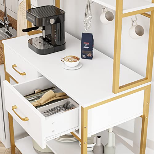 HITHOS Industrial 5-Tier Kitchen Bakers Rack with 2 Drawers, Microwave Oven Stand with Storage Shelves and Hutch, Kitchen Shelf with Storage, Coffee Bar for Living Room, Home Office, Gold White