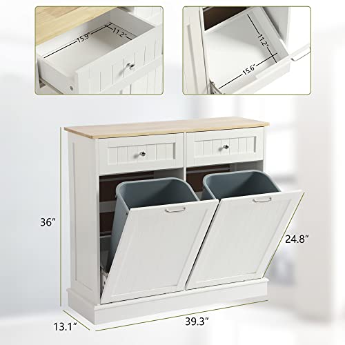 LOUVIXA Tilt Out Trash Can Cabinet Dog Proof with Double Wood Hidden Holder, Kitchen Free Standing Recycling Cabinet(White)