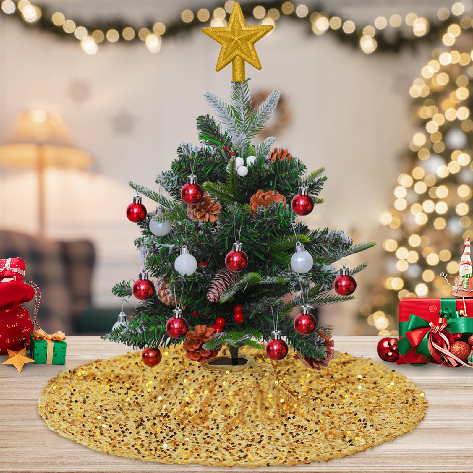 Champagne Gold Christmas Tree Skirt 24 Inches Velvet Sequin Tree Skirt Small Tree Skirt for Christmas Decorations