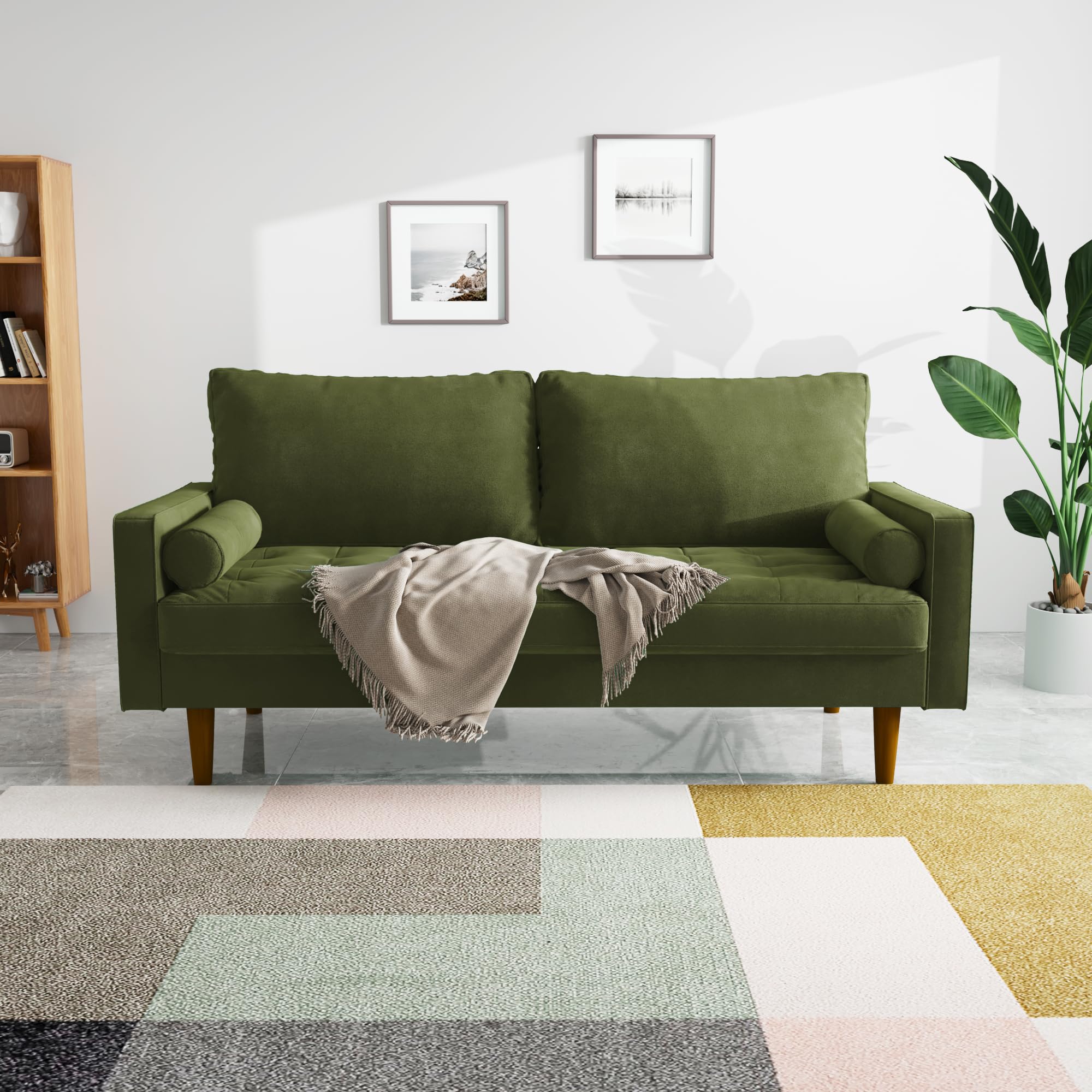 Meeyar 70" Velvet Loveseat Sofa, Couch for Small Apartment, Mid-Century Modern Loveseat Sofas Couches for Living Room Bedroom, Solid Wood Legs, Square Arms(Olive Green, 70")