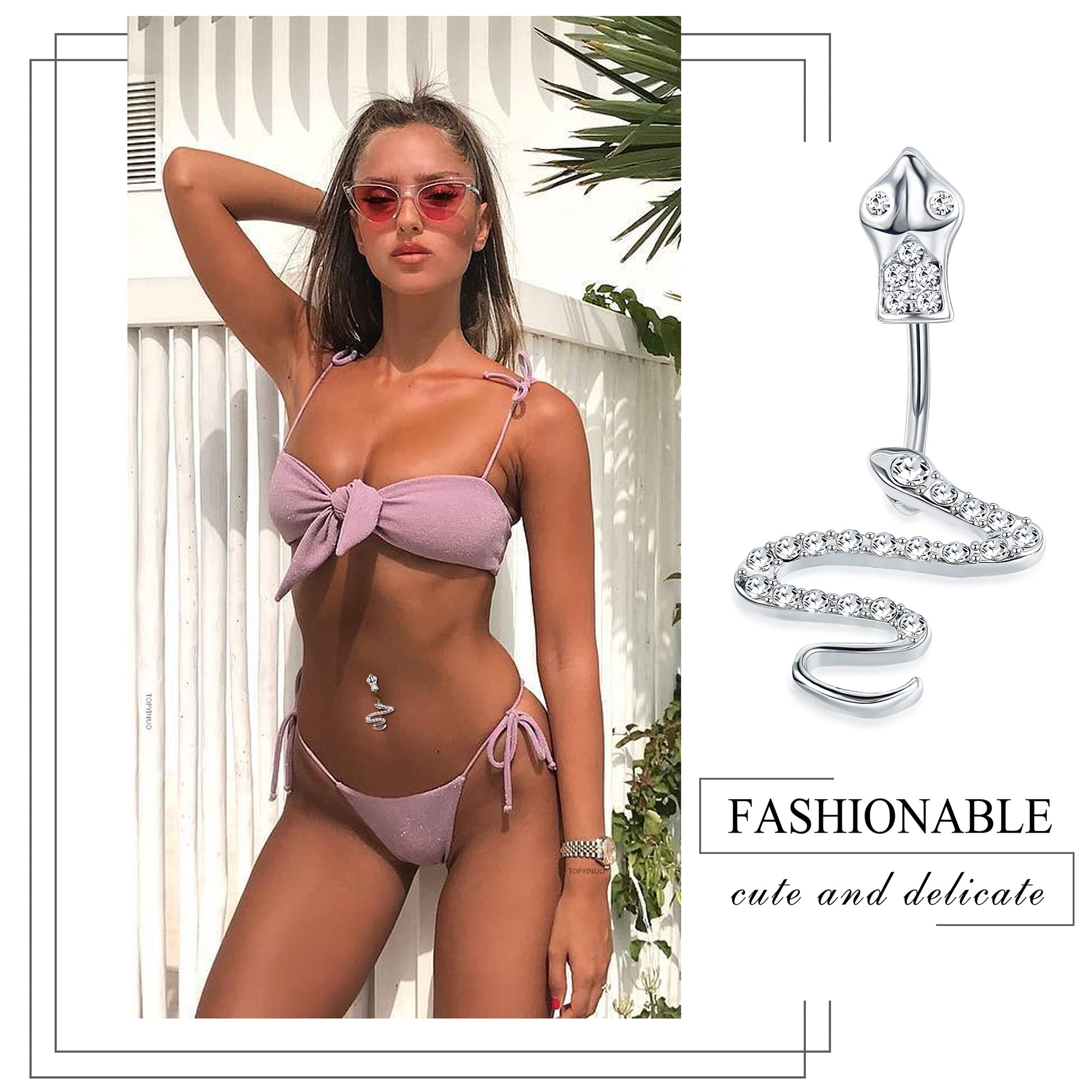 CASSIECA 7Pcs 14G Belly Button Rings Dangle for Women Stainless Steel Snake Butterfly Devil Heart Clear CZ Navel Rings Body Piercing Jewelry