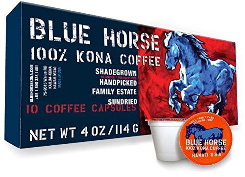 Farm-fresh: 100% Kona Coffee - Medium Roast - Compatible with K-Cup 2.0-10 Single Serve Pods - Blue Horse 100% Kona Coffee Arabica Beans from Hawaii